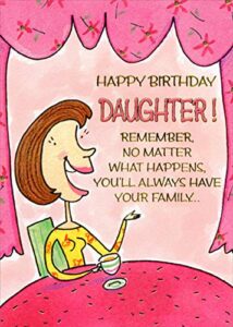 designer greetings woman at table holding coffee cup funny/humorous birthday card for daughter