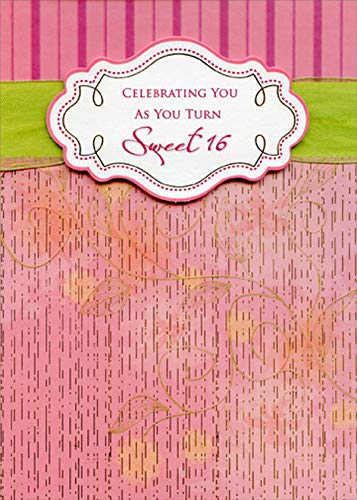 Designer Greetings Gold Foil Vines on Pink, 3D Banner and Green Ribbon Hand Decorated Designer Boutique Keepsake Sweet 16 Birthday Card