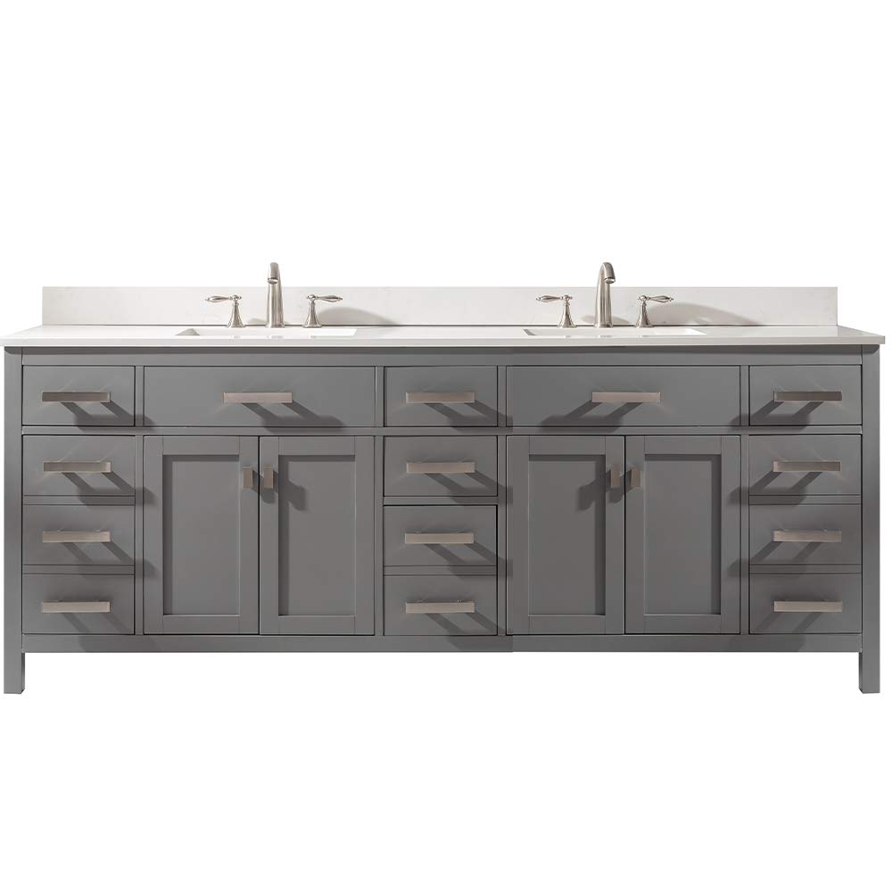 LUCA Kitchen & Bath LC84PGW Tuscan 84" Double Bathroom Vanity Set in Pottery White Quartz Top with Gray Veins and Sink