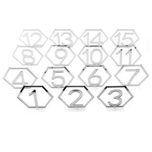 tendycoco 15pcs wedding 1 to 15 table numbers hexagonal shaped acrylic numbers dining table guide cards silver number signs decoration for banquet catering hotel