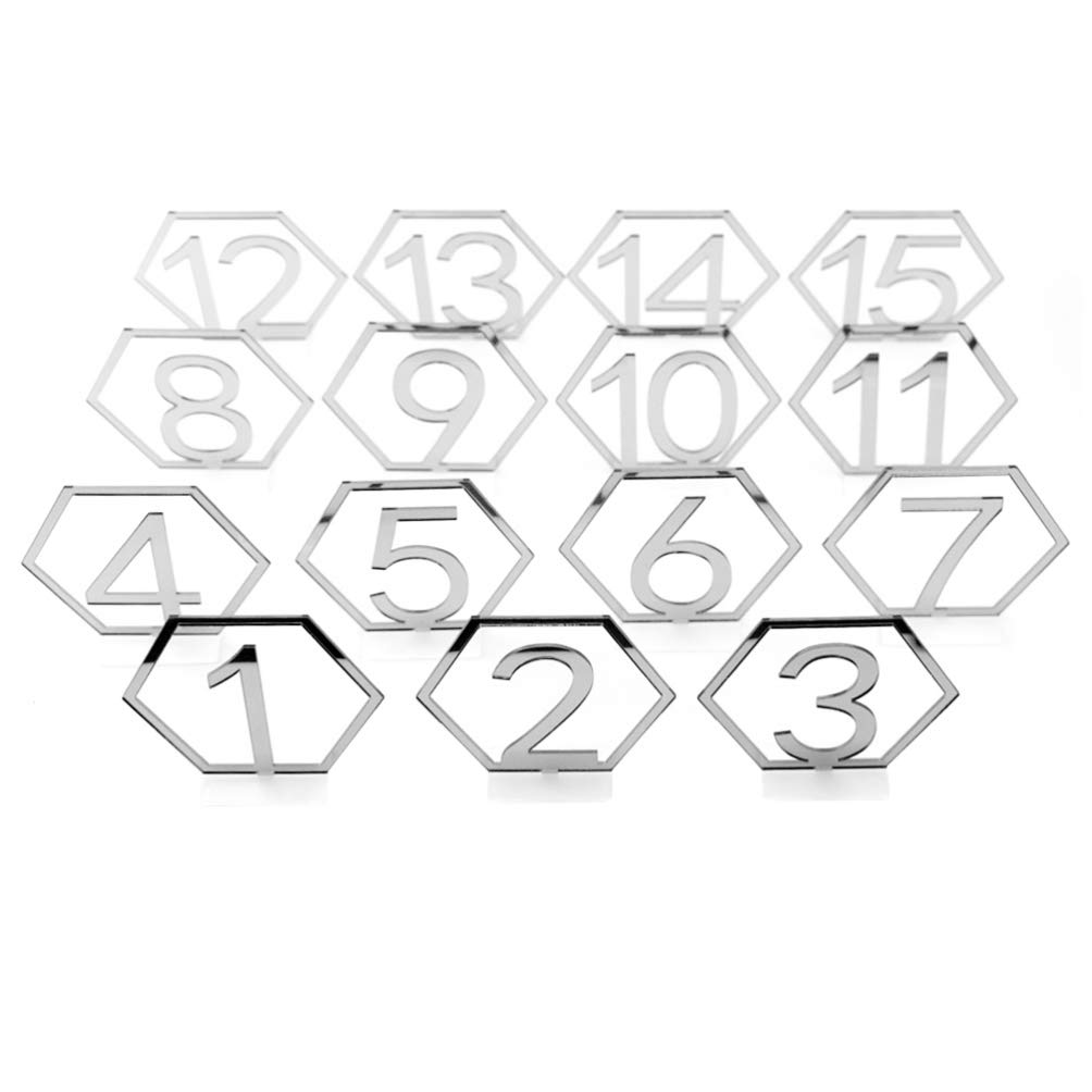 TENDYCOCO 15pcs Wedding 1 to 15 Table Numbers Hexagonal Shaped Acrylic Numbers Dining Table Guide Cards Silver Number Signs Decoration for Banquet Catering Hotel