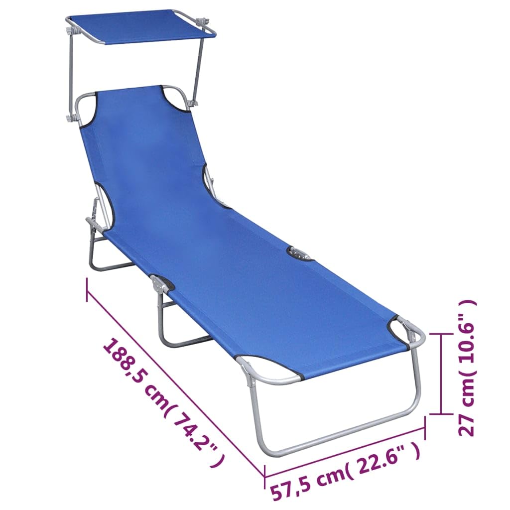 vidaXL Aluminum Sun Lounger - Foldable Outdoor Relaxing Chair with Adjustable Canopy and Backrest - Beach, Patio, Poolside Usage - 264.6 lb Capacity - Blue