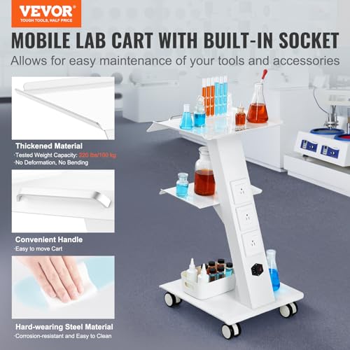 VEVOR Lab Trolley, Built-in Socket Rolling Lab Cart, 3 Layers Tray Rolling Clinic Cart, 360° Silent Rolling Wheels w/Foot Brake, 88 lbs Weight Capacity Sturdy Steel Frame, for Lab Clinic Beauty Salon