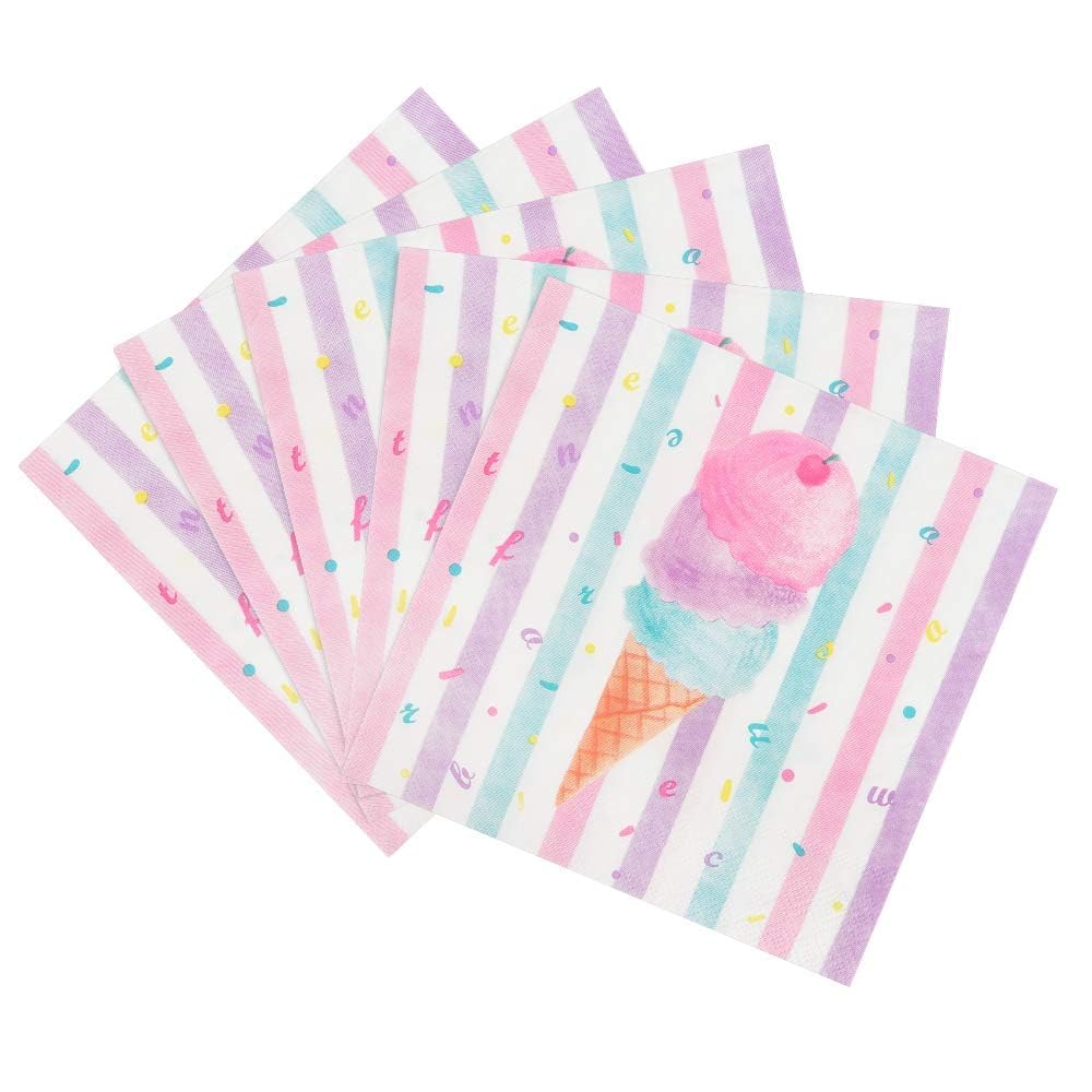 WERNNSAI Ice Cream Party Supplies - Disposable 3 Ply Pink Sweet Ice Cream Themed Birthday or Baby Shower Party Luncheon Dessert Napkins for Girls Pool Summer Celebration