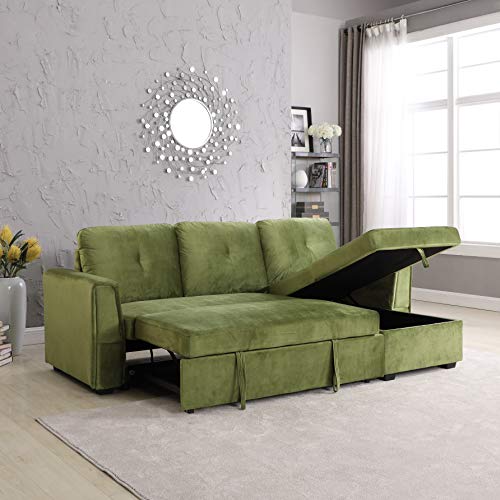 Legend Furniture Velvet Chaise Storage Reversible Sofa Bed Sleeper Sectional, Green