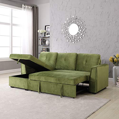 Legend Furniture Velvet Chaise Storage Reversible Sofa Bed Sleeper Sectional, Green