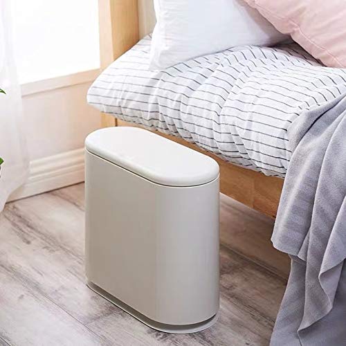 IEEK Slim Plastic Trash Can with Press Top Lid,2.4 Gallon/10 Liter Garbage Can Modern Waste Basket for Bathroom,Living Room,Office,Kitchen and Narrow Spaces,Grey