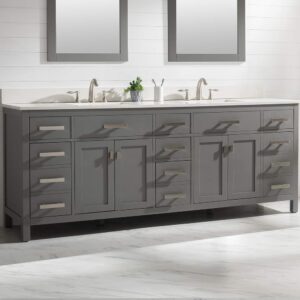 LUCA Kitchen & Bath LC84PGW Tuscan 84" Double Bathroom Vanity Set in Pottery White Quartz Top with Gray Veins and Sink