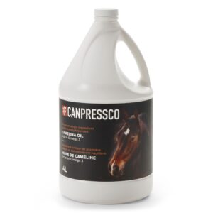 canpressco camelina oil 4 l jug with dispensing pump | omega 3 oil supplement for equine, canine and feline joint, coat and skin health