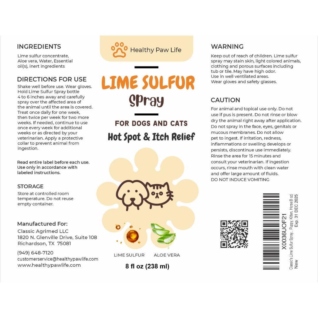 Classic's Lime Sulfur Spray - Pet Care for Dry and Itchy Skin - Spotcare and Safe Solution for Dog, Cat, Puppy, Kitten, Horse (4 oz)