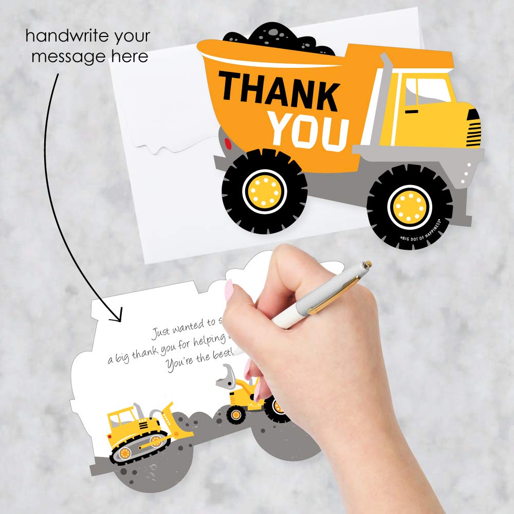 Big Dot of Happiness Dig It - Construction Party Zone - Shaped Thank You Cards - Baby Shower or Birthday Party Thank You Note Cards with Envelopes - Set of 12