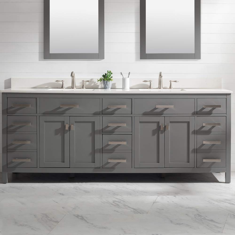 LUCA Kitchen & Bath LC84PGW Tuscan 84" Double Bathroom Vanity Set in Pottery White Quartz Top with Gray Veins and Sink