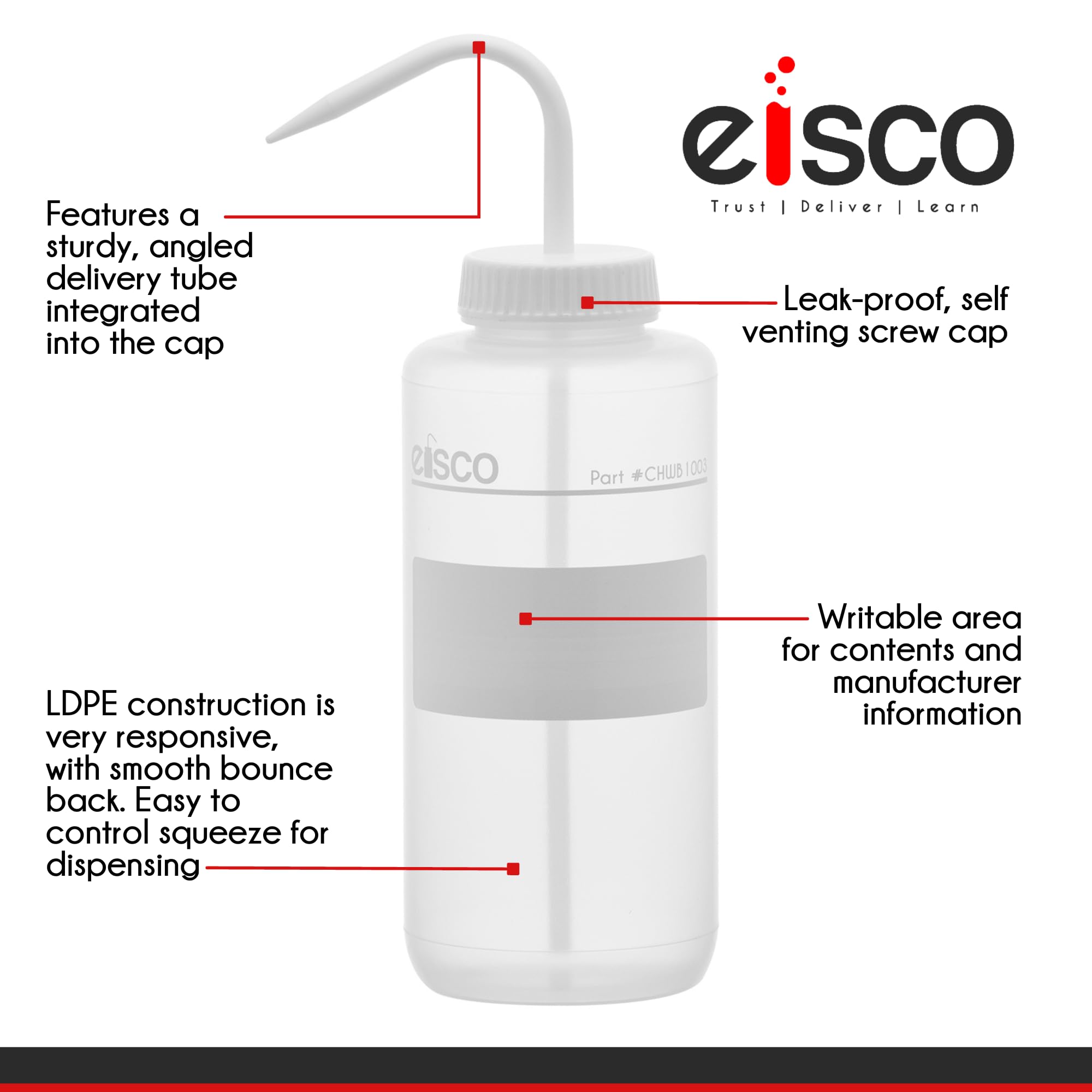 EISCO 2PK Chemical Wash Bottle, No Label, 1000ml - Wide Mouth, Self Venting, Low Density Polyethylene - Performance Plastics Labs