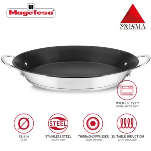 MAGEFESA Prisma – 13.4 inches Paella pan, made of 18/10 stainless steel, triple layer non-stick, for all types of kitchens, INDUCTION, dishwasher and oven safe up to 392ºF