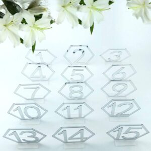 TENDYCOCO 15pcs Wedding 1 to 15 Table Numbers Hexagonal Shaped Acrylic Numbers Dining Table Guide Cards Silver Number Signs Decoration for Banquet Catering Hotel