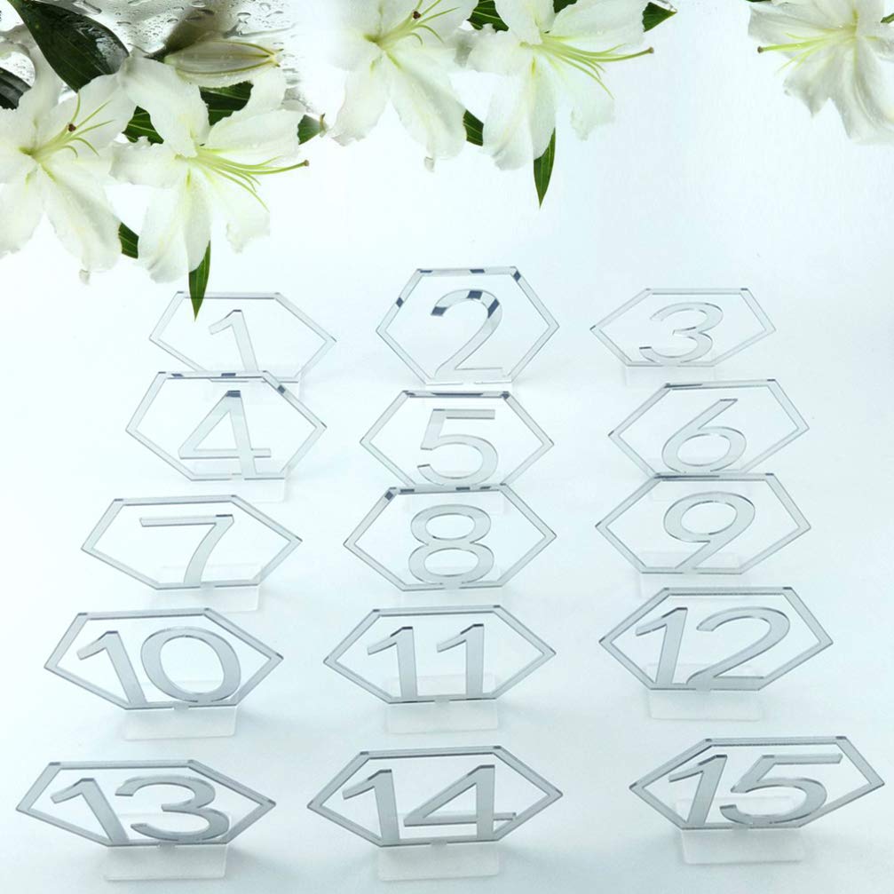 TENDYCOCO 15pcs Wedding 1 to 15 Table Numbers Hexagonal Shaped Acrylic Numbers Dining Table Guide Cards Silver Number Signs Decoration for Banquet Catering Hotel