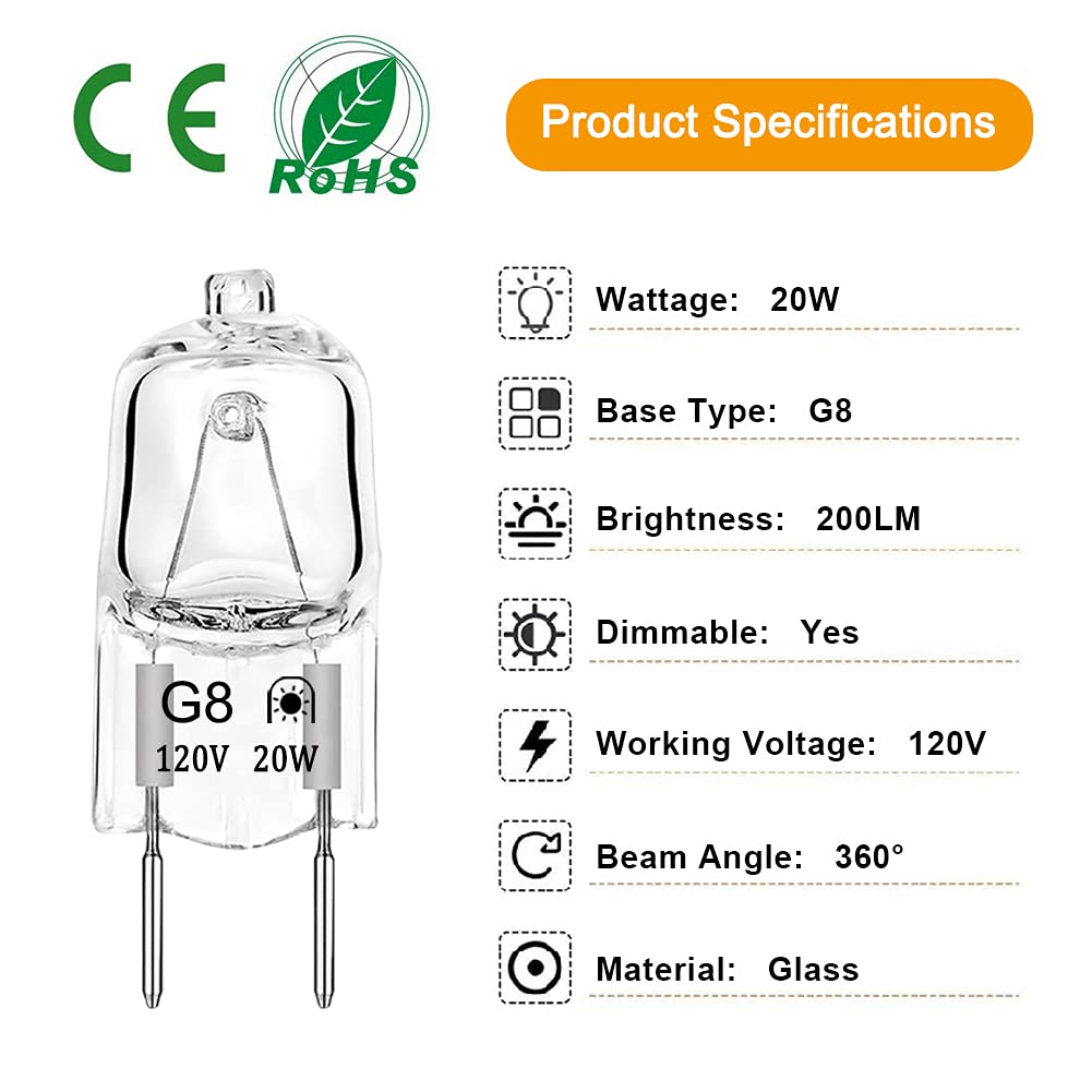 G8 Halogen Bulb 20W 120V Dimmable T4 JCD Type G8 Base Bi-Pin Xenon Bulb for Under Cabinet Puck Lights, Kitchen Hood, Landscape Lights, Warm White 2700K (10 Pack)