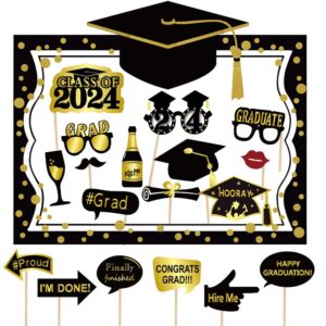 2024 graduation selfie photo booth frame black and gold with 18pcs graduation photo booth props, upgraded version with support cardboard, 2024 grad party pose sign