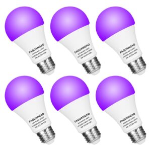 faguangao led black light bulb,9w(75watt equivalent) a19 uv blacklight bulb,120v,uva level 390-400nm,e26 medium base,glow in the dark for blacklight party,fluorescent poster,body paint(6 pack)