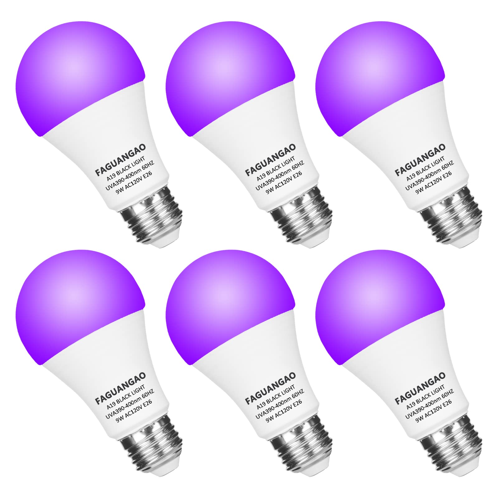 FAGUANGAO LED Black Light Bulb,9W(75Watt Equivalent) A19 UV Blacklight Bulb,120V,UVA Level 390-400nm,E26 Medium Base,Glow in The Dark for Blacklight Party,Fluorescent Poster,Body Paint(6 Pack)