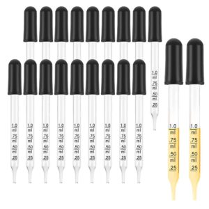 eye dropper for essential oils 20 pcs - pipettes dropper with black rubber head, straight-tip calibrated thick glass medicine dropping pipettes for accurate easy dose and measurement 1 ml capacity