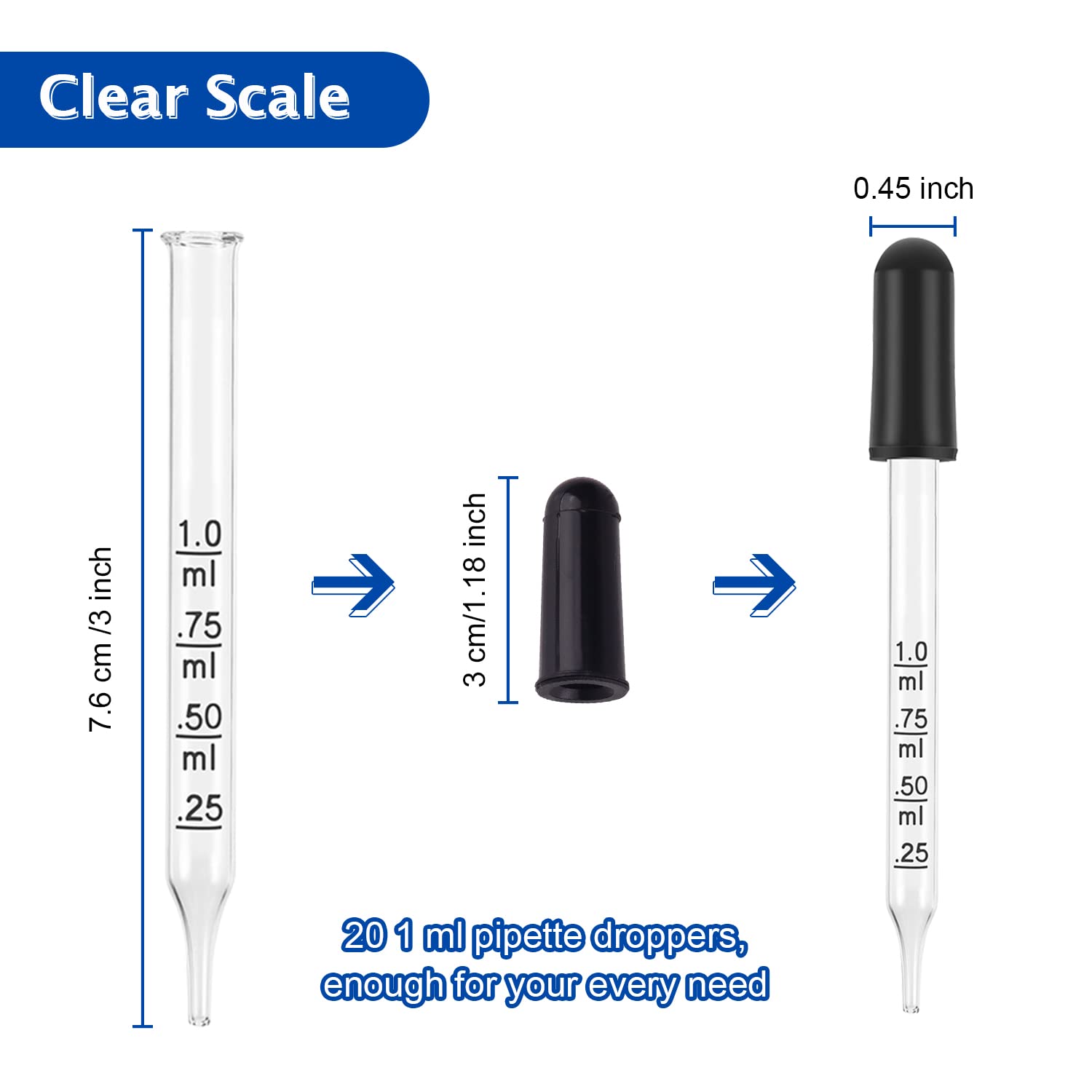 Eye Dropper for Essential Oils 20 PCS - Pipettes Dropper with Black Rubber Head, Straight-Tip Calibrated Thick Glass Medicine Dropping Pipettes for Accurate Easy Dose and Measurement 1 mL Capacity