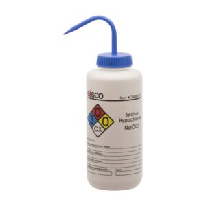 eisco wash bottle for sodium hypochlorite (bleach), 1000ml - color coded chemical & safety information (4 colors) - wide mouth, self venting, low density polyethylene - performance plastics labs