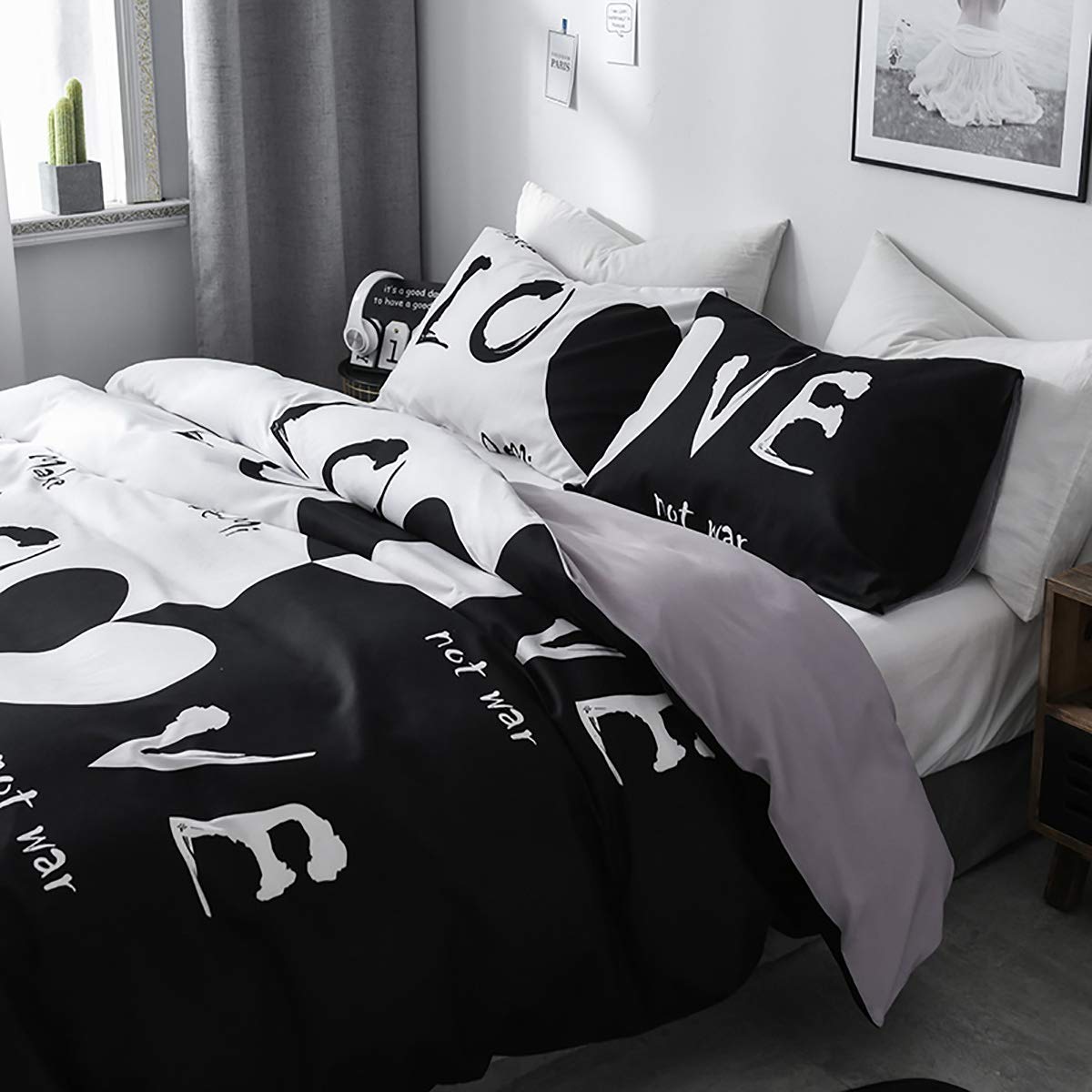 WUJIE Couple Bedding Love Pattern Duvet Cover Set with Zipper Closure Ultra Soft Microfiber Bedding Set Queen Size (1 Duvet Cover + 2 Pillowcases)