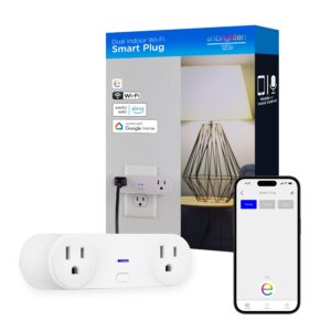 enbrighten, white, wi-fi smart light switch, indoor oval plug-in, 2-grounded outlet, simultaneous control, no hub required, 51253