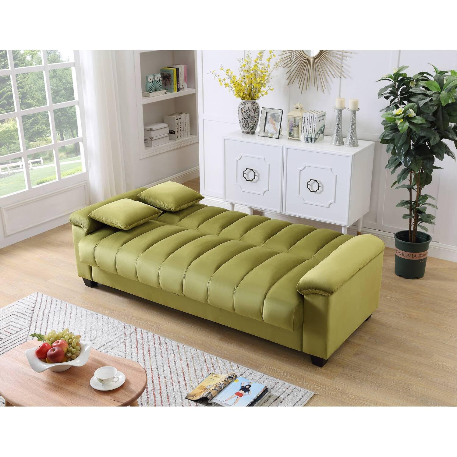 Legend Furniture Convertible Comfortable Sleeper Velvet Sofa Couch with Storage for for Living Room Bedroom Sofabed, 83'', Green