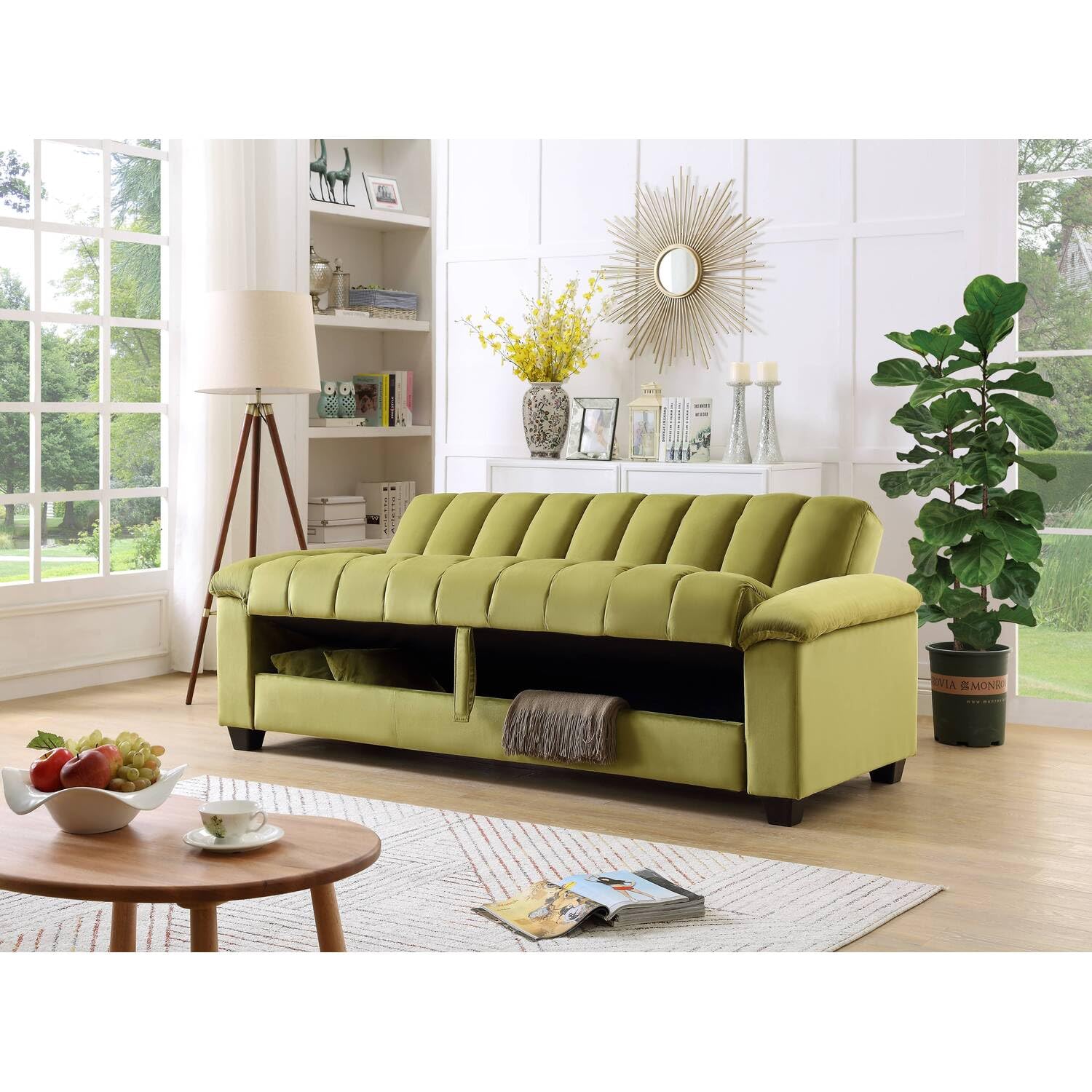 Legend Furniture Convertible Comfortable Sleeper Velvet Sofa Couch with Storage for for Living Room Bedroom Sofabed, 83'', Green