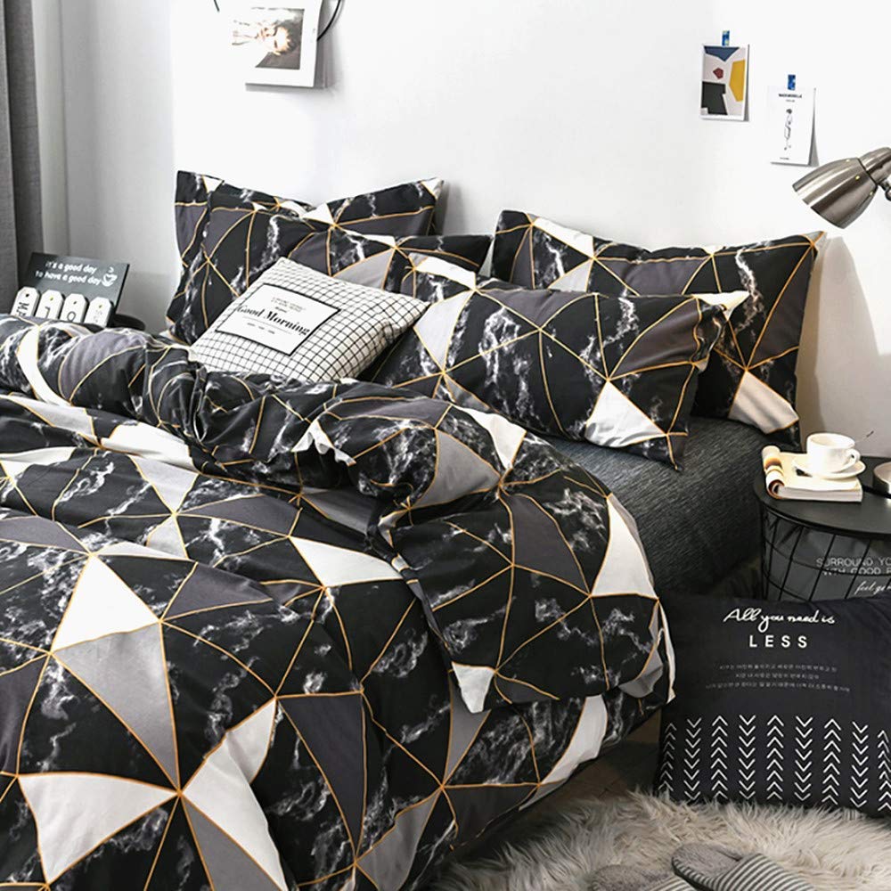 Jumeey Black Marble Duvet Cover King Black White Gray Gold Geometric Bedding Sets King Size Black Plaid Duvet Cover for Women Men Modern Gothic Marble Bedding King Black Grid Triangle Bed Cover King