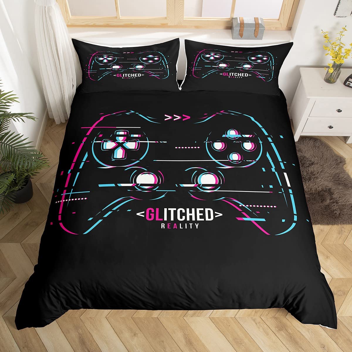 Gamepad Bedding Set for Boys Twin Modern Gamer Comforter Cover Video Game Duvet Cover Kids Colorful Action Buttons Printed Quilt Cover Soft Microfiber Bedspread for Boys Girls Bedroom,Black