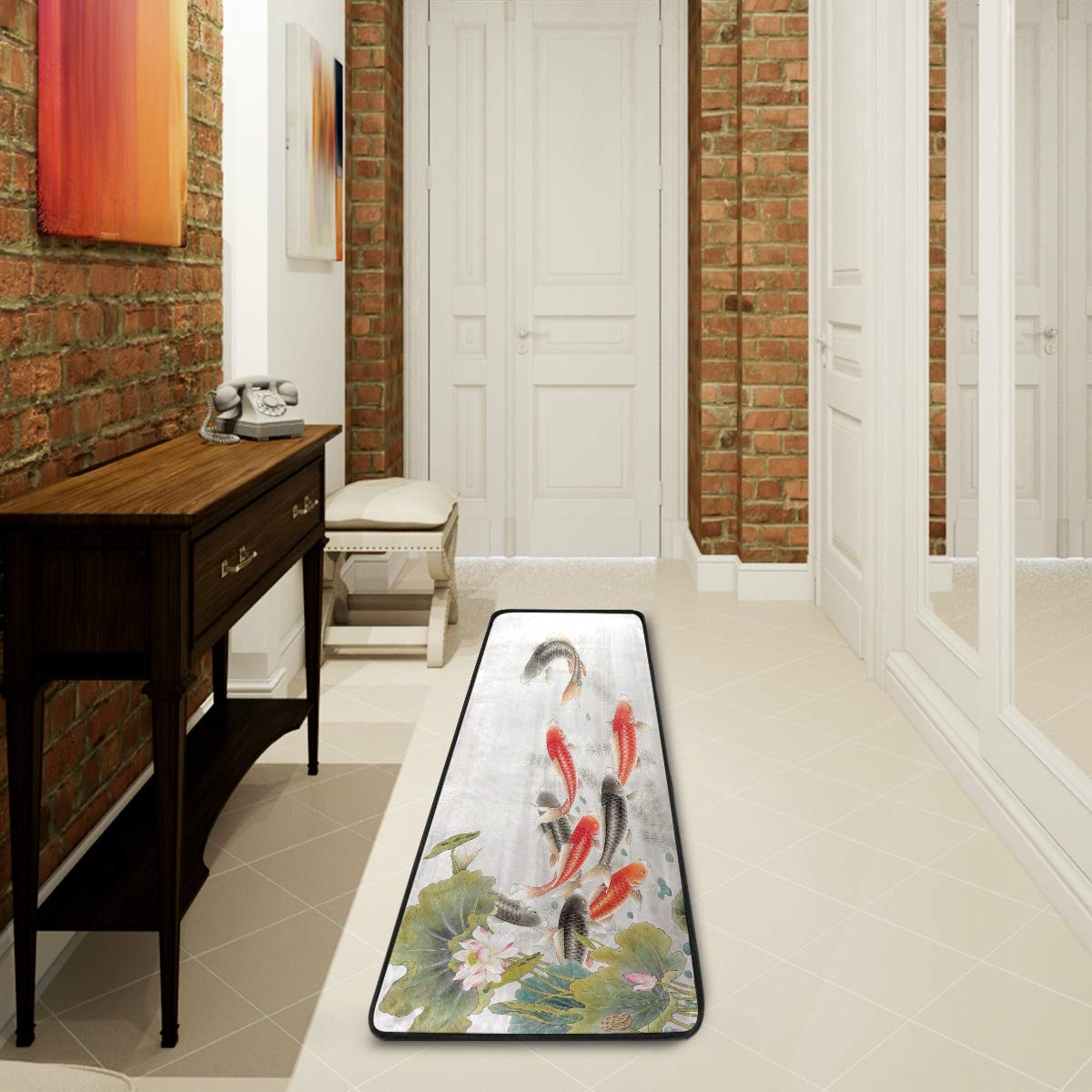 ALAZA Asian Lotus and Koi Fish Runner Area Rug Non Slip Floor Mat for Hallway Entryway Living Room Bedroom Dorm Home Decor 72x24 inches