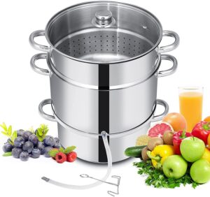 fantask 11-quart steam juicer, pasta pot with tempered glass lid, hose, clamp, safe loop handle, easy to use, stainless steel steamer pot for cooking fruit vegetable, silver