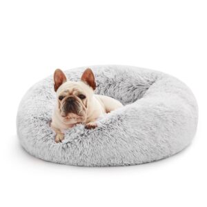 love's cabin 24in cat beds for indoor cats - cat bed with machine washable, waterproof bottom - grey fluffy dog and cat calming cushion bed for joint-relief and sleep improvement