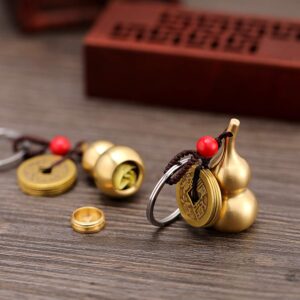 Hotop 3 Pcs Chinese Gourd Feng Shui Brass Wu Lou Keychains with five Coins Calabash Pendant Key Rings for Good Luck Fortune Longevity Wealth Success to Friends Families Lovers