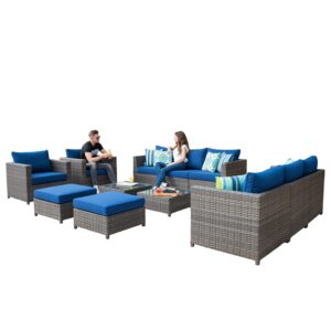 ovios patio furniture set 12 pieces outdoor conversation set all weather wicker rattan sectional sofa sets with thick cushions fully assembled furniture, big size, grey wicker, navy blue