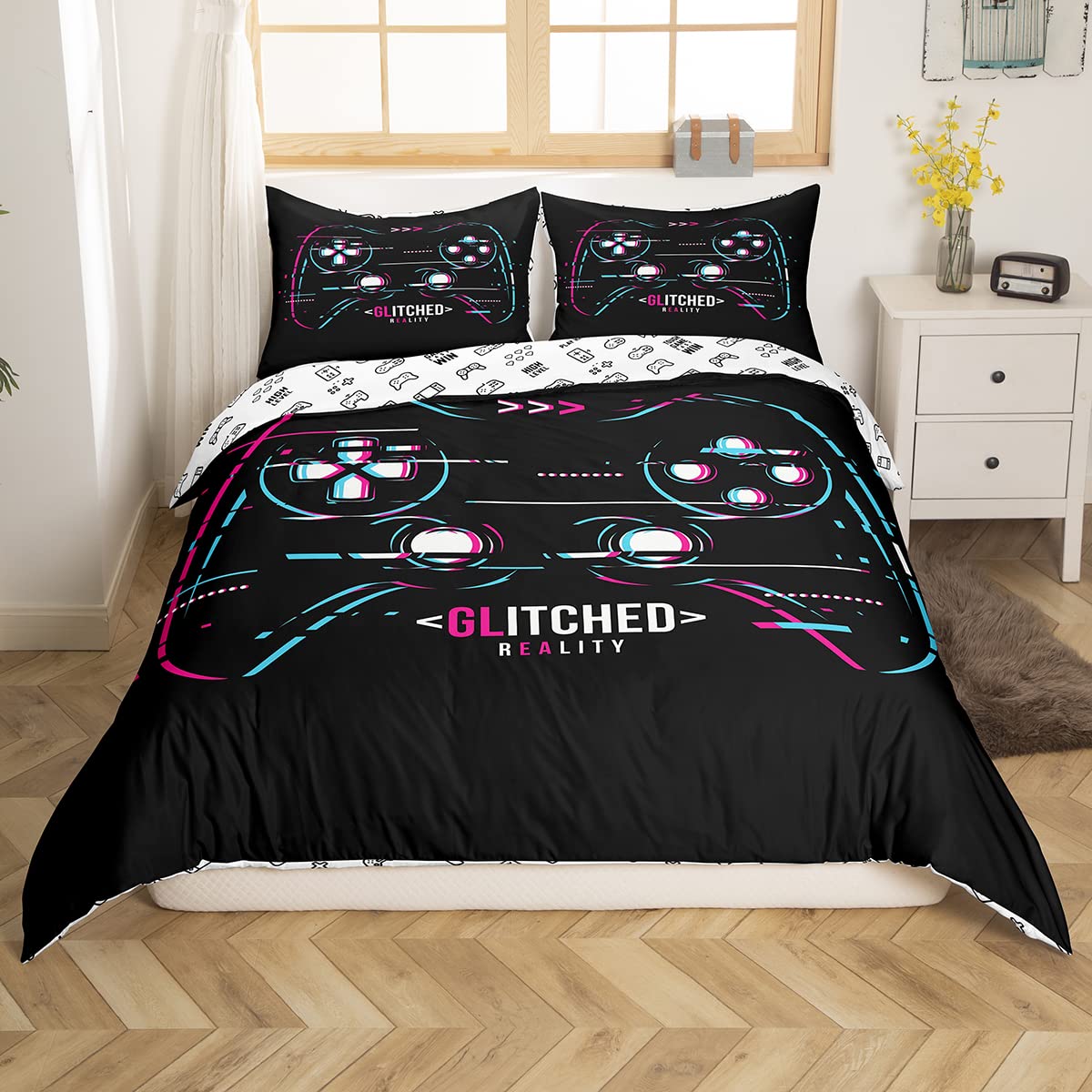 Gamepad Bedding Set for Boys Twin Modern Gamer Comforter Cover Video Game Duvet Cover Kids Colorful Action Buttons Printed Quilt Cover Soft Microfiber Bedspread for Boys Girls Bedroom,Black