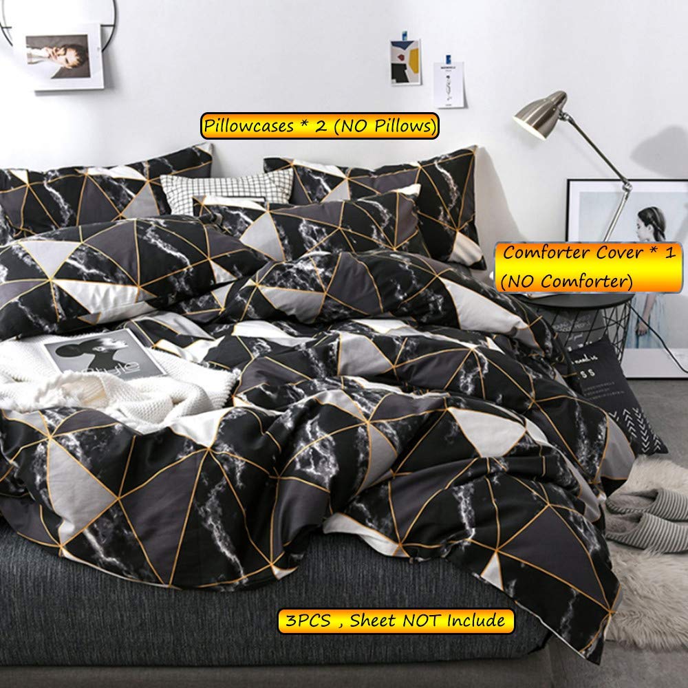 Jumeey Black Marble Duvet Cover King Black White Gray Gold Geometric Bedding Sets King Size Black Plaid Duvet Cover for Women Men Modern Gothic Marble Bedding King Black Grid Triangle Bed Cover King