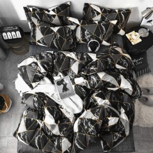 Jumeey Black Marble Duvet Cover King Black White Gray Gold Geometric Bedding Sets King Size Black Plaid Duvet Cover for Women Men Modern Gothic Marble Bedding King Black Grid Triangle Bed Cover King