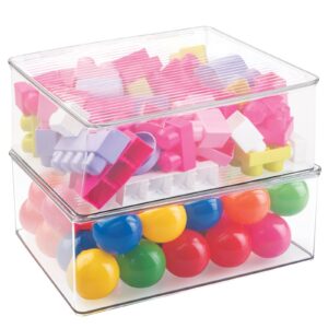 mdesign plastic stackable rectangular storage bin, drawer or cabinet organizer with lid, container box for organizing electronics, crayons, puzzles, games, toys - ligne collection - 2 pack - clear