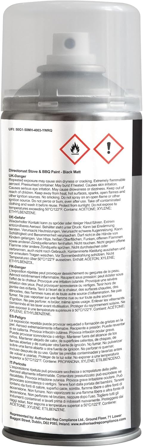 JENOLITE Directorust BBQ & Stove Aerosol Paint | BLACK | Very High Temperature Resistant Up to 1200°F (650°C) | BBQs, Stoves, Chimineas, Automotive, Fire Screens & Surrounds | 13.5 Ounces (400ml)