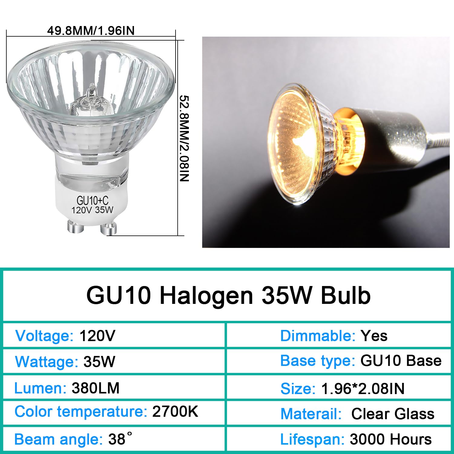 Lacnooe GU10 Halogen 35W Bulbs, 6 Pack GU10+C 120V 35W Halogen Light Bulbs with Long Lasting Lifespan, Dimmable MR16 GU10 Light Bulb for Track Light, Recessed Light, Range Hood, 2700K Warm White