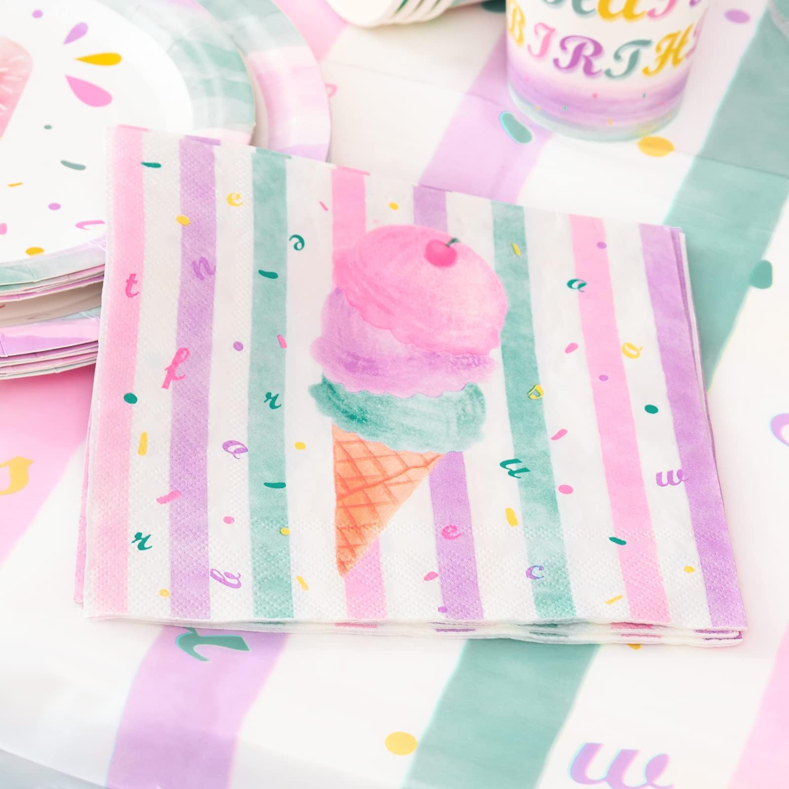 WERNNSAI Ice Cream Party Supplies - Disposable 3 Ply Pink Sweet Ice Cream Themed Birthday or Baby Shower Party Luncheon Dessert Napkins for Girls Pool Summer Celebration