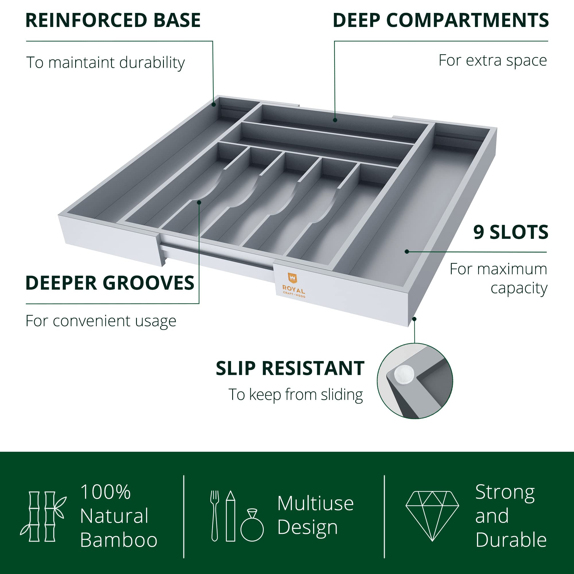 Luxury Bamboo Kitchen Drawer Organizer - Silverware Organizer - Utensil Holder and Cutlery Tray with Grooved Drawer Dividers for Flatware and Kitchen Utensils (9 Slot, Gray)