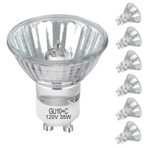 lacnooe gu10 halogen 35w bulbs, 6 pack gu10+c 120v 35w halogen light bulbs with long lasting lifespan, dimmable mr16 gu10 light bulb for track light, recessed light, range hood, 2700k warm white