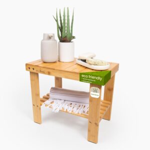 decomil - bamboo shower bench 16”, foot rest shaving stool with storage shelf | nonslip feet & waterproof bathing bench | perfect for indoor and outdoor use