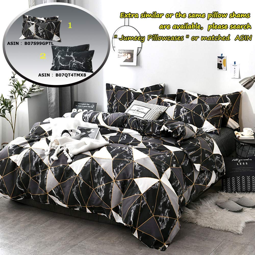 Jumeey Black Marble Duvet Cover King Black White Gray Gold Geometric Bedding Sets King Size Black Plaid Duvet Cover for Women Men Modern Gothic Marble Bedding King Black Grid Triangle Bed Cover King