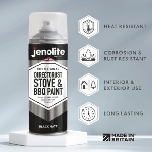 JENOLITE Directorust BBQ & Stove Aerosol Paint | BLACK | Very High Temperature Resistant Up to 1200°F (650°C) | BBQs, Stoves, Chimineas, Automotive, Fire Screens & Surrounds | 13.5 Ounces (400ml)